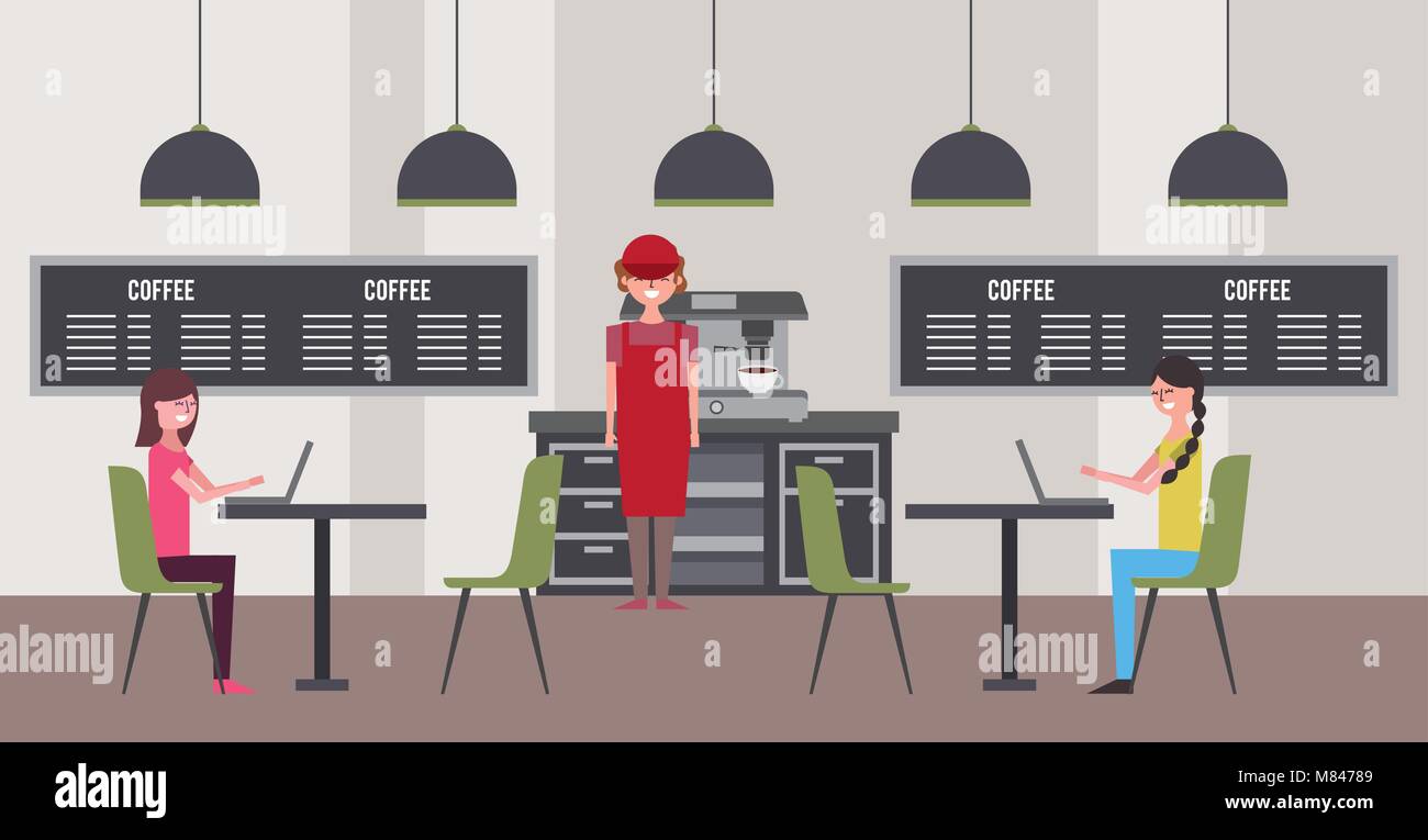 young people using laptop in coffee shop interior vector illustration ...