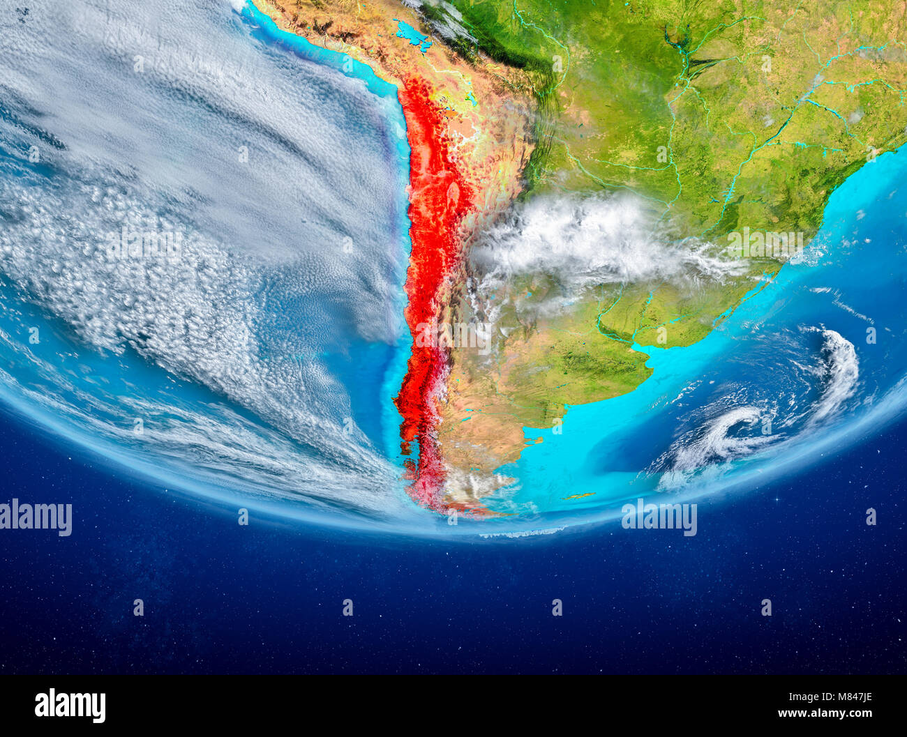 Chile highlighted in red on planet Earth with clouds. 3D illustration ...