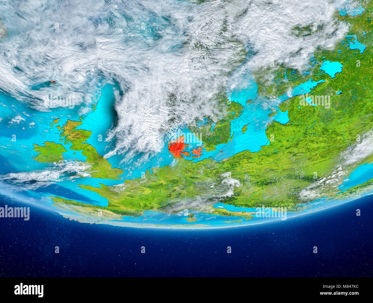 Denmark highlighted in red on planet Earth with clouds. 3D illustration. Elements of this image ...