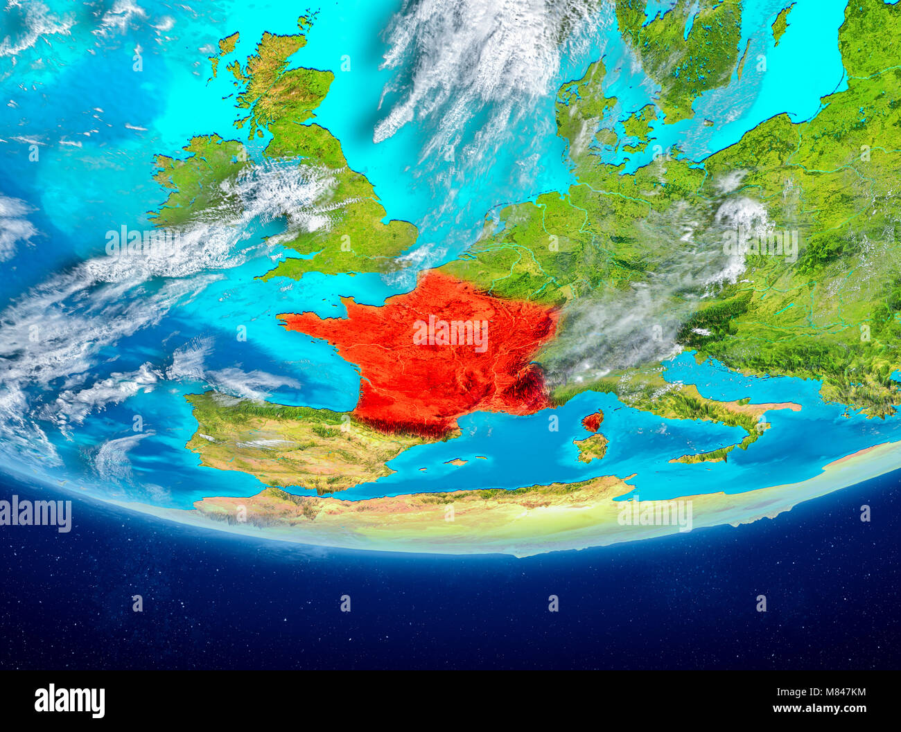 France highlighted in red on planet Earth with clouds. 3D illustration ...