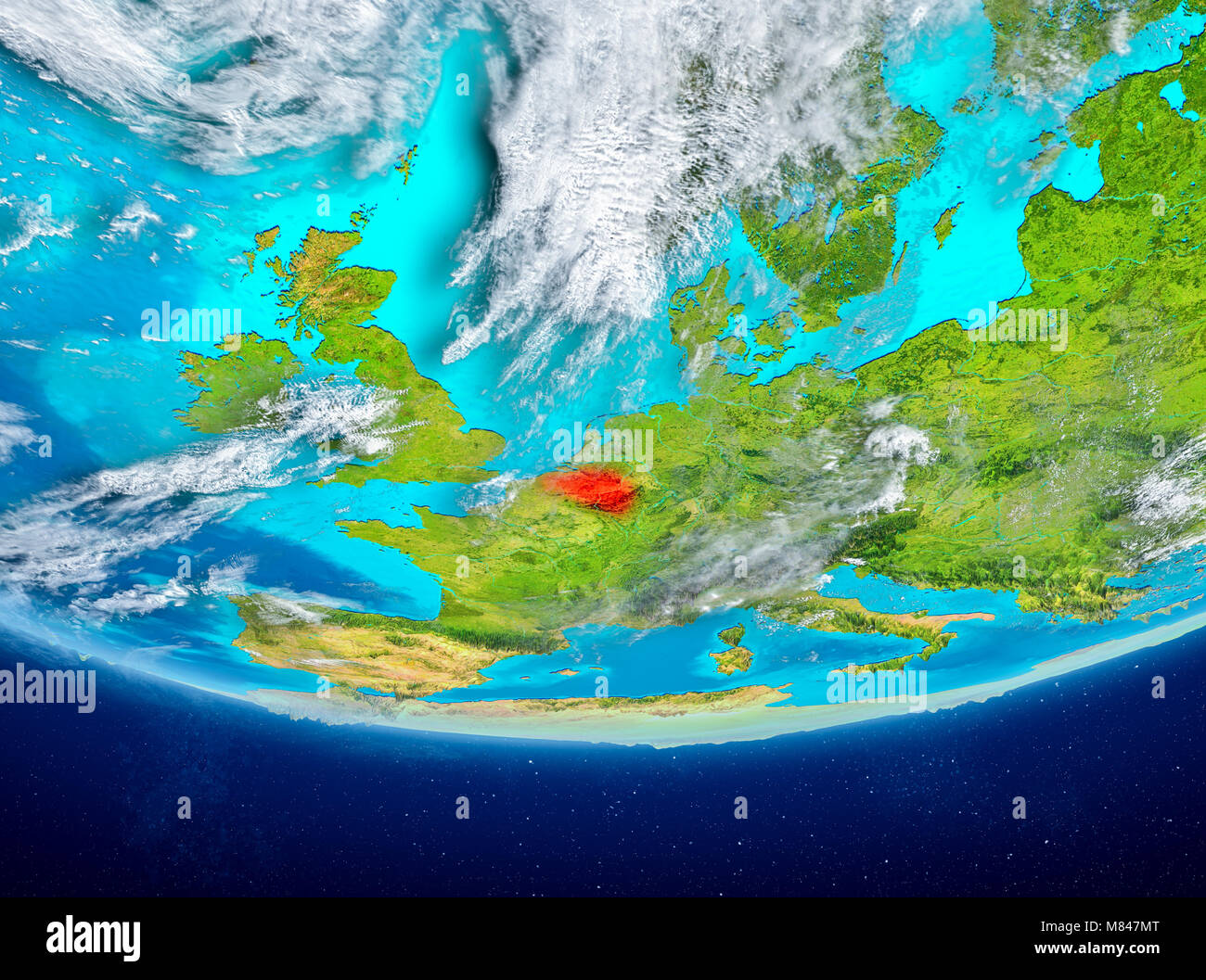 Belgium highlighted in red on planet Earth with clouds. 3D illustration. Elements of this image ...