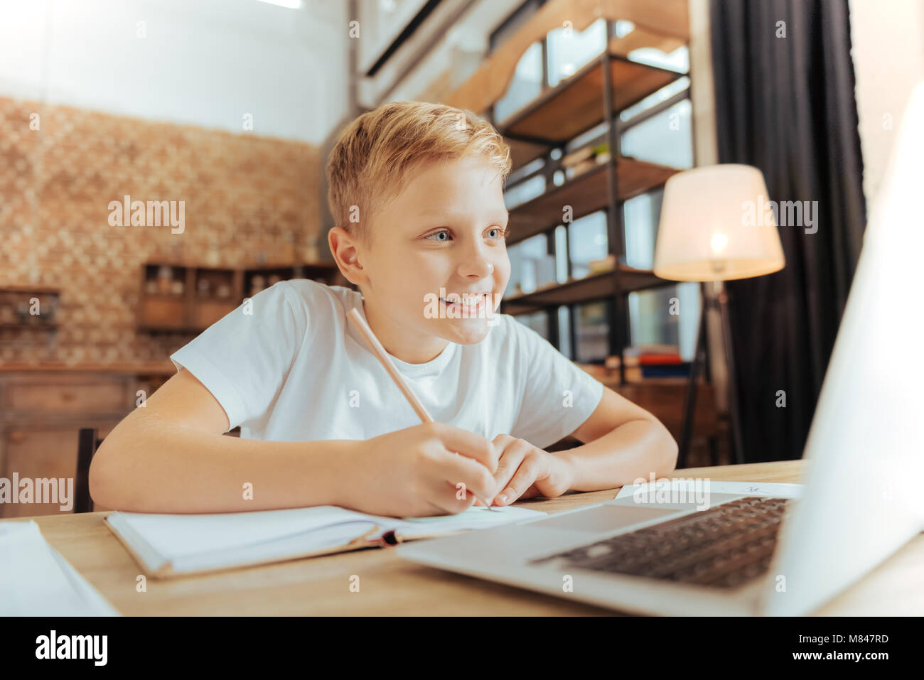 Joyful nice boy doing his home task Stock Photo - Alamy