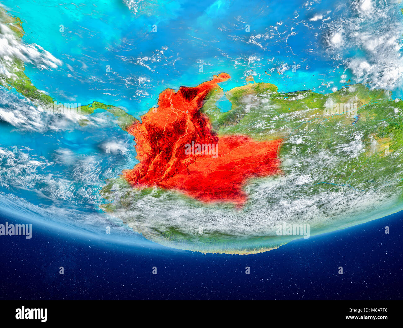 Colombia highlighted in red on planet Earth with clouds. 3D ...