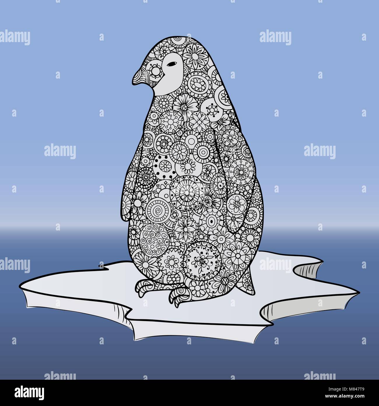 Penguin stands on an ice floe. Zen tangle vector illustration ...