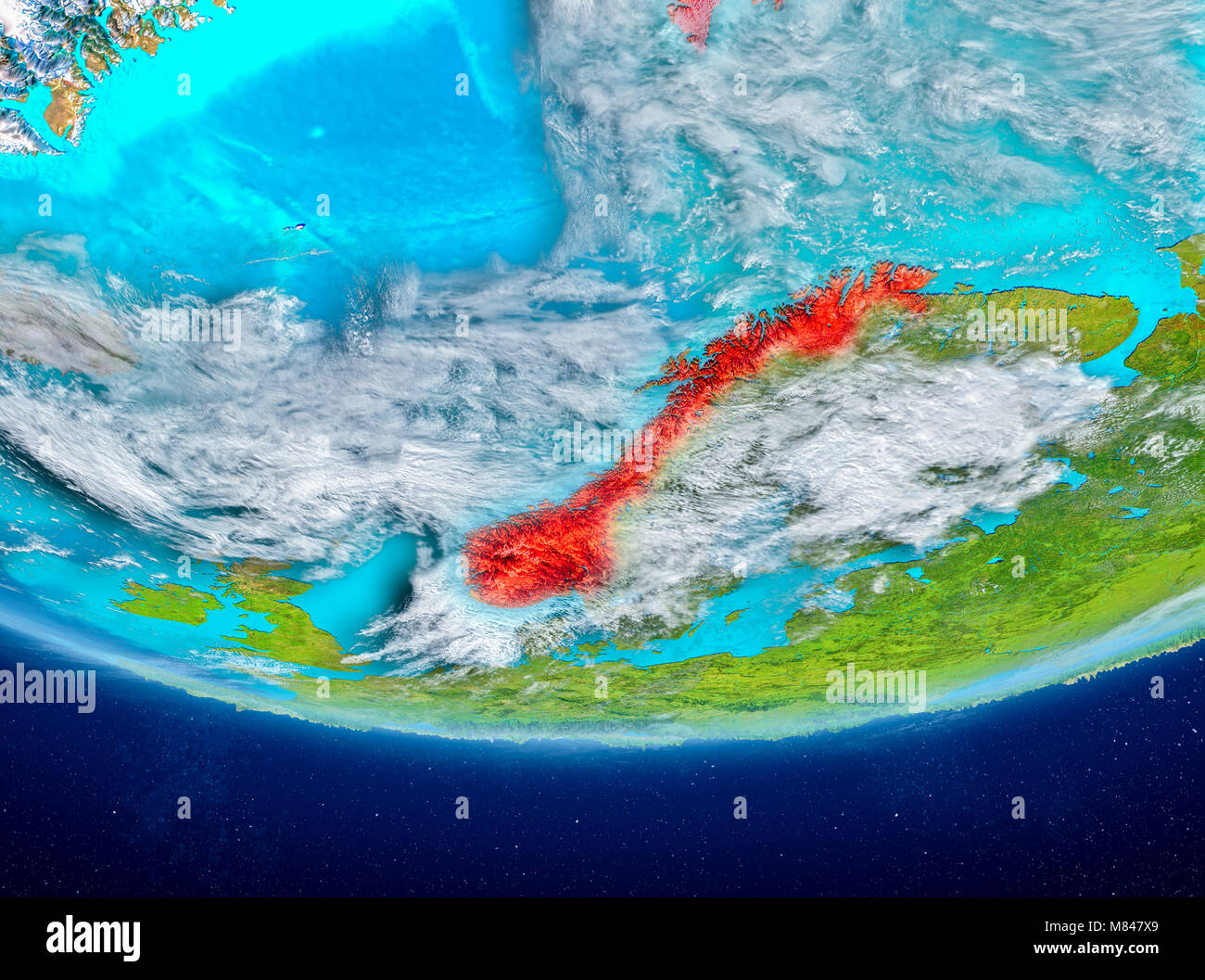 Norway highlighted in red on planet Earth with clouds. 3D illustration. Elements of this image ...