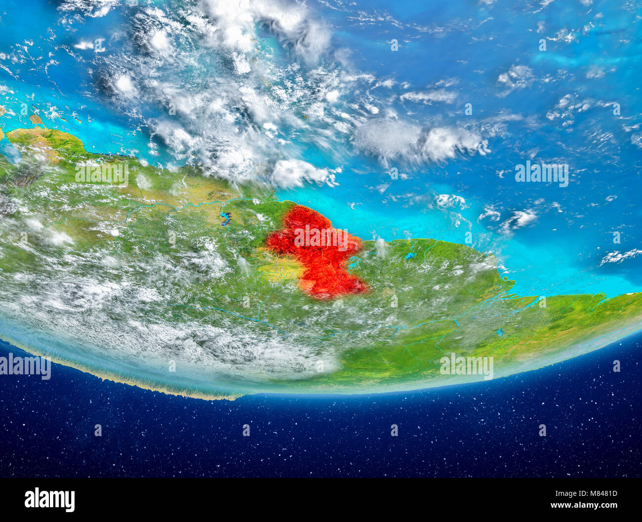 Guyana highlighted in red on planet Earth with clouds. 3D illustration ...