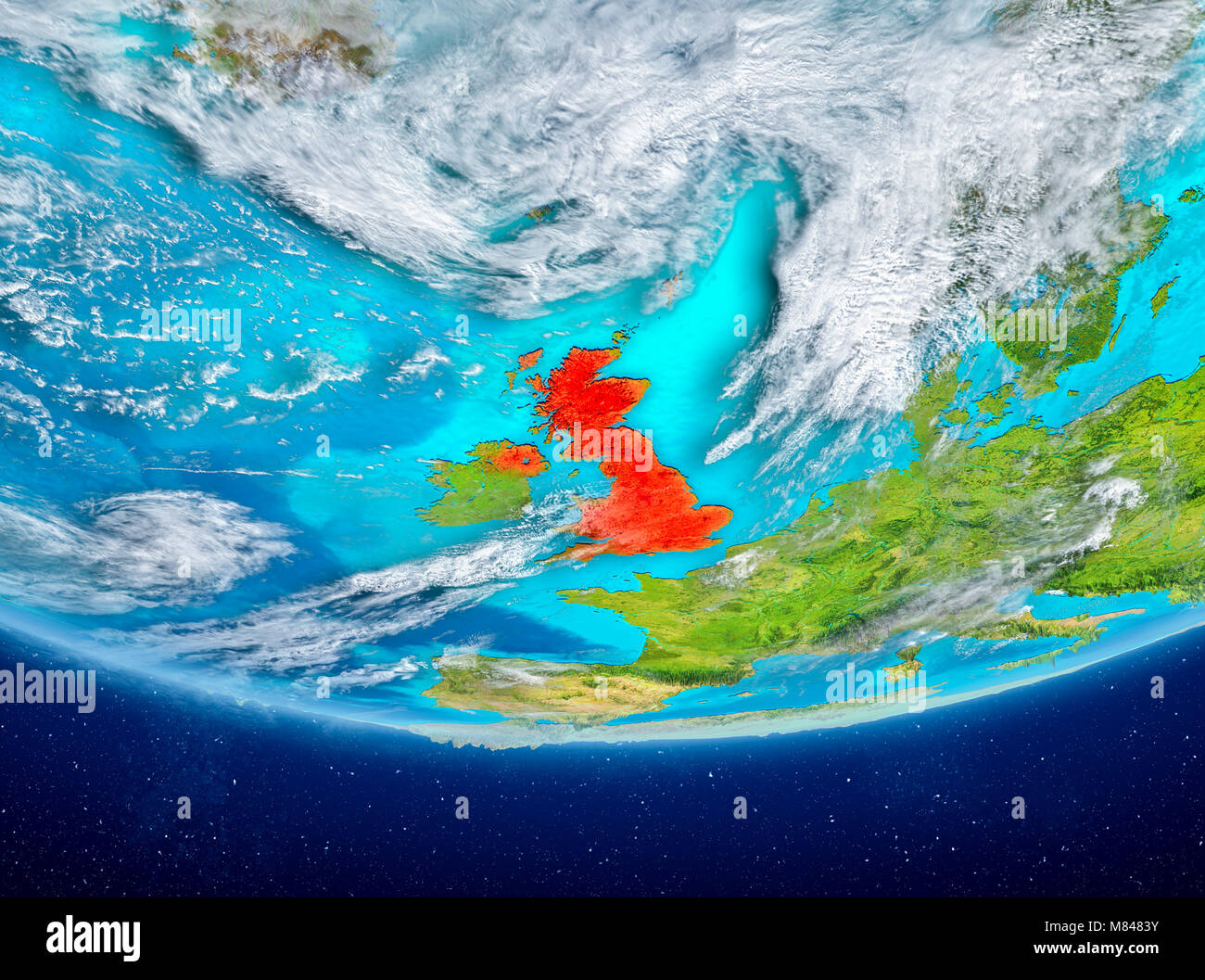 United Kingdom highlighted in red on planet Earth with clouds. 3D ...