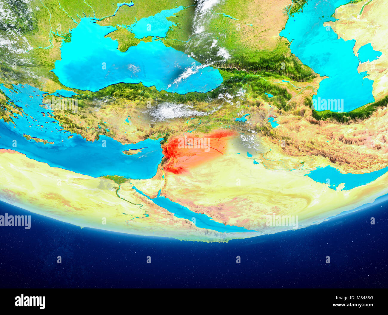 Syria highlighted in red on planet Earth with clouds. 3D illustration ...