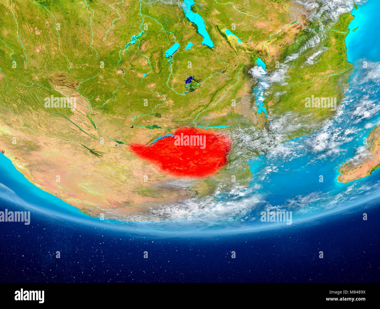 Zimbabwe highlighted in red on planet Earth with clouds. 3D ...