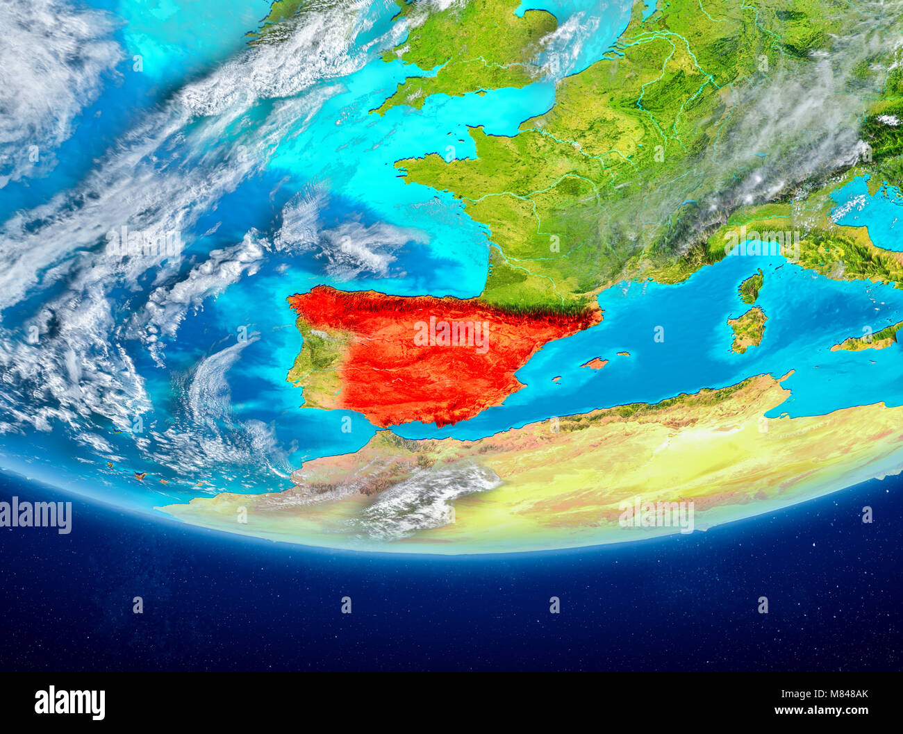 Spain highlighted in red on planet Earth with clouds. 3D illustration ...
