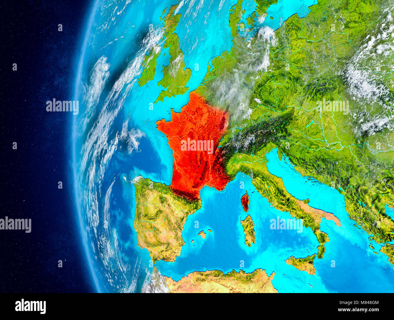 Map of France as seen from space on planet Earth with clouds and ...