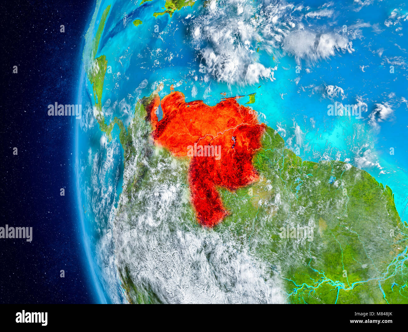 Map of Venezuela as seen from space on planet Earth with clouds and ...
