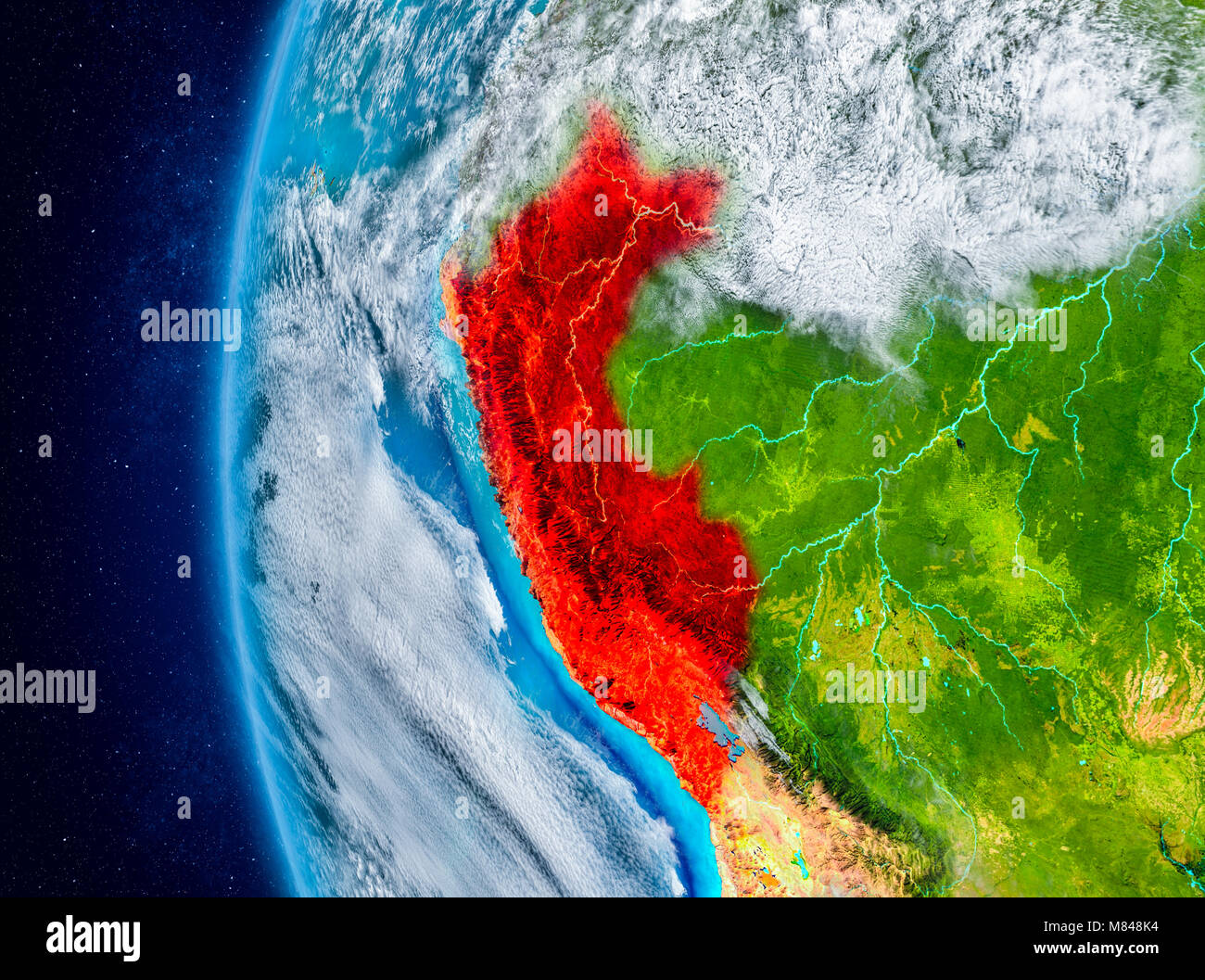 Map of Peru as seen from space on planet Earth with clouds and ...