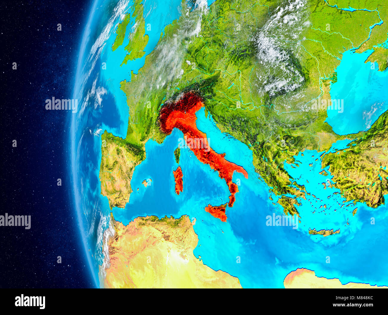 Map of Italy as seen from space on planet Earth with clouds and ...