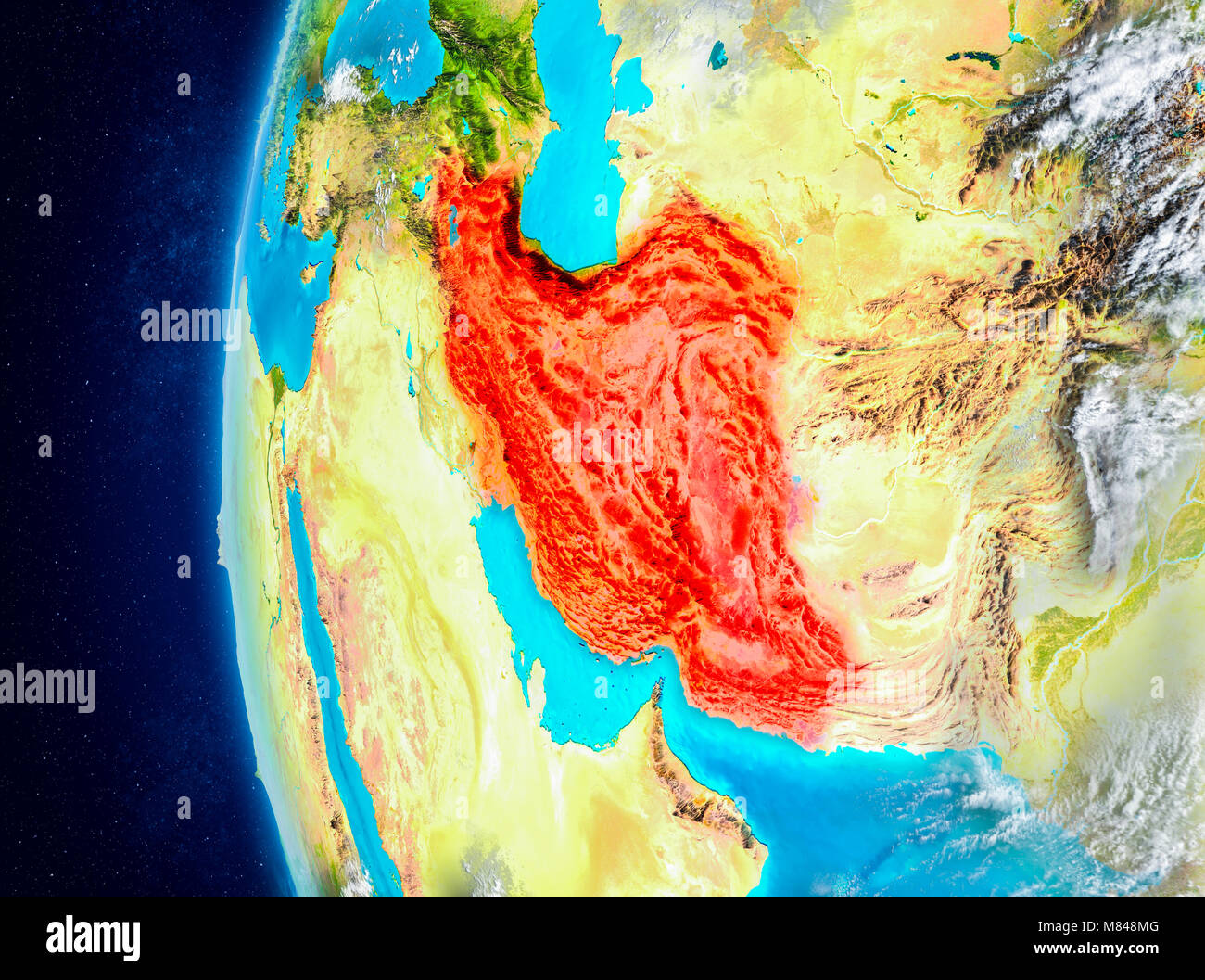 Map of Iran as seen from space on planet Earth with clouds and ...