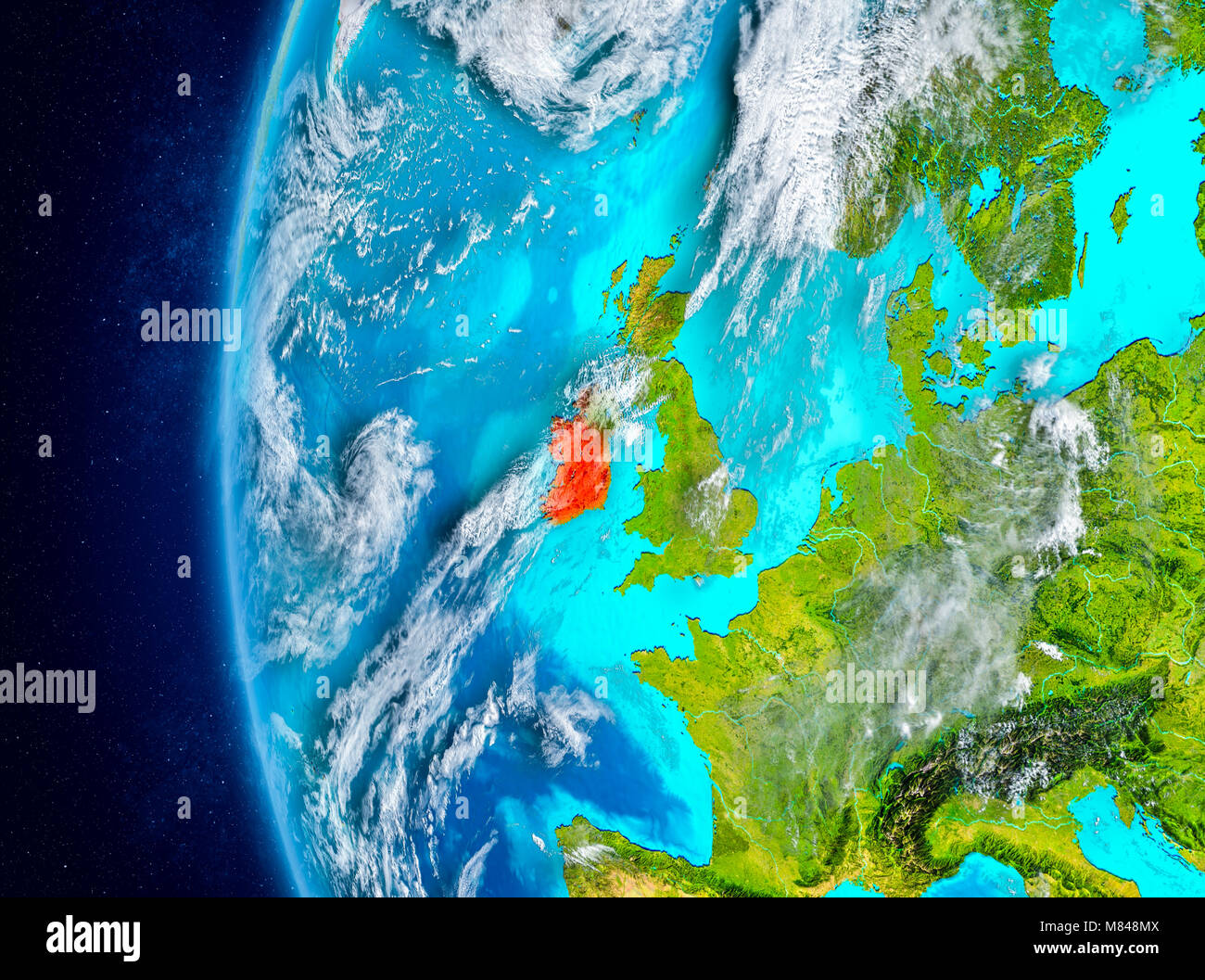 Map of Ireland as seen from space on planet Earth with clouds and ...