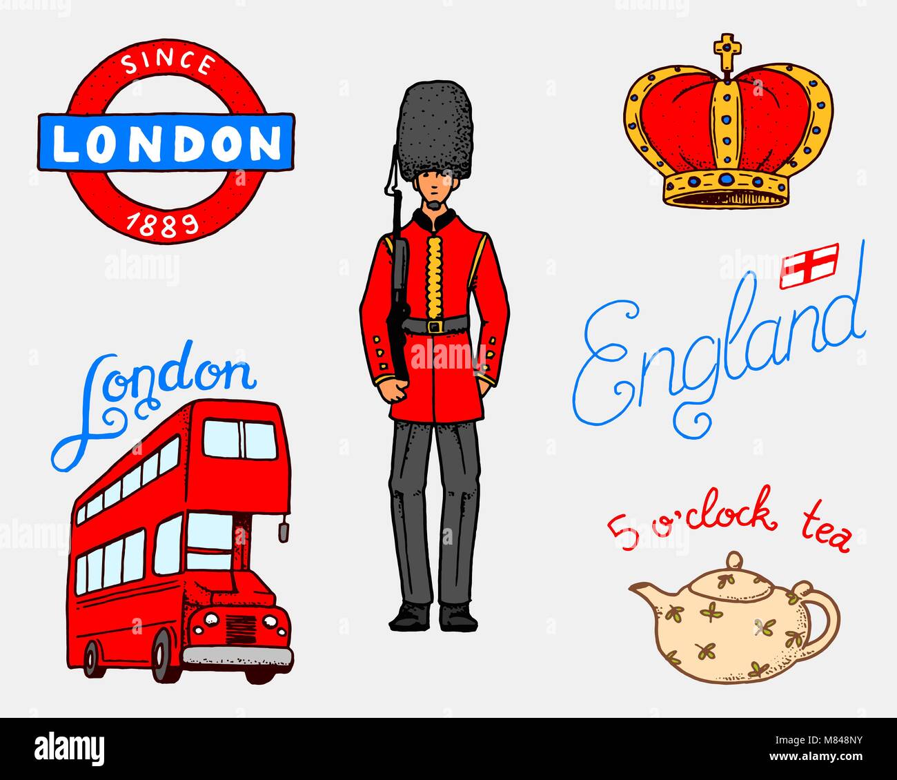 British Logo, Crown and Queen, teapot with tea, bus and royal guard ...