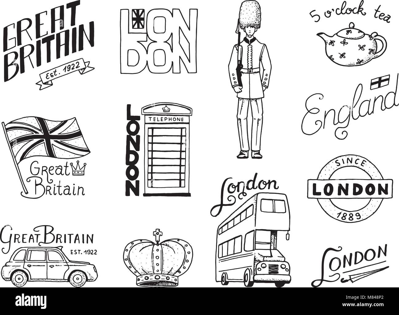 British Logo, Crown and Queen, teapot with tea, bus and royal guard ...