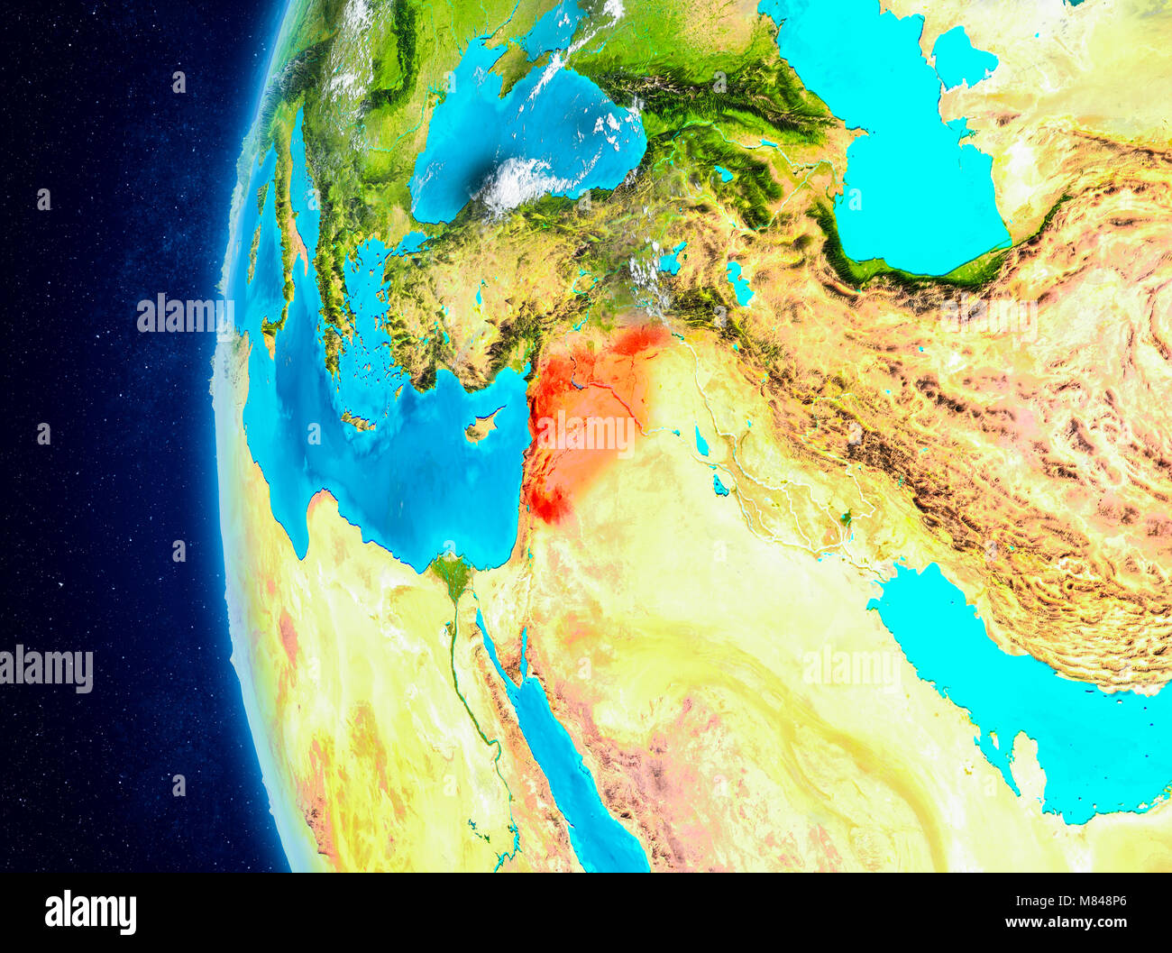 Map of Syria as seen from space on planet Earth with clouds and ...