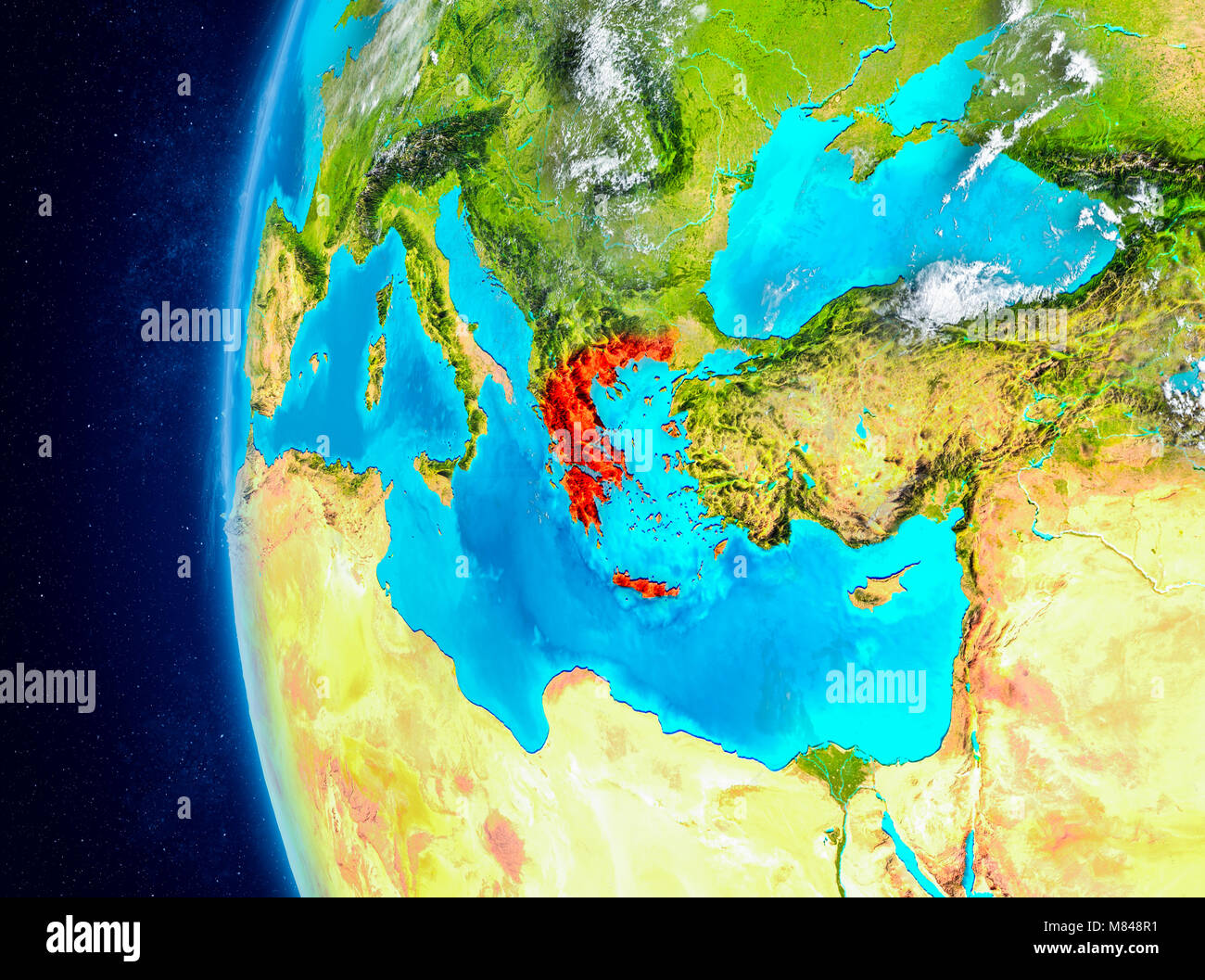 Map of Greece as seen from space on planet Earth with clouds and ...