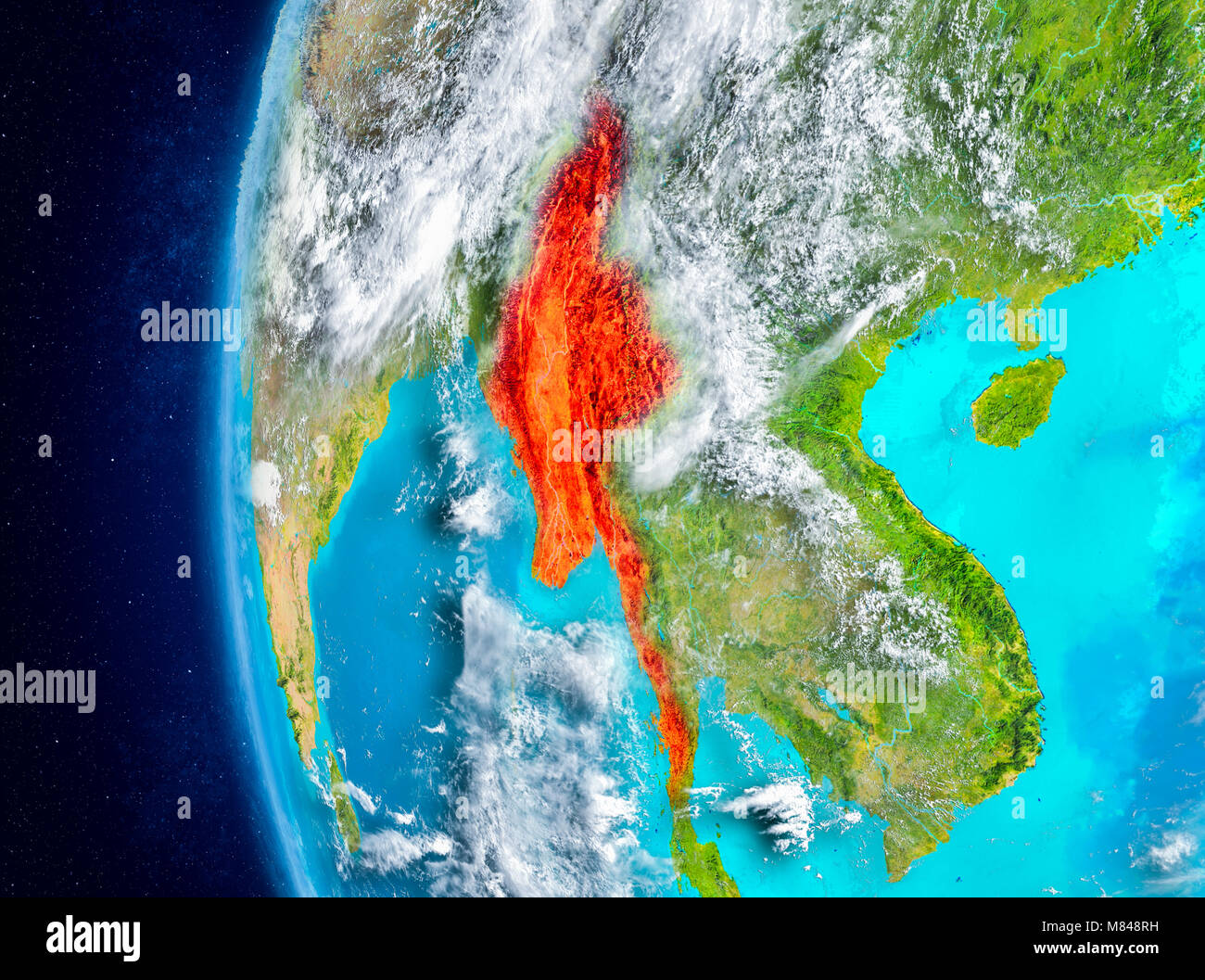 Map of Myanmar as seen from space on planet Earth with clouds and ...