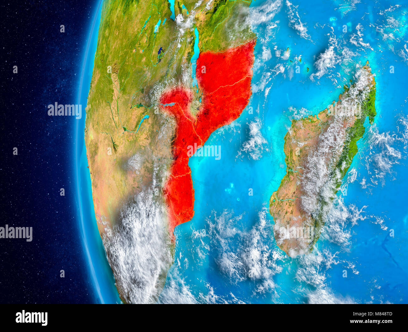 Map of Mozambique as seen from space on planet Earth with clouds and ...