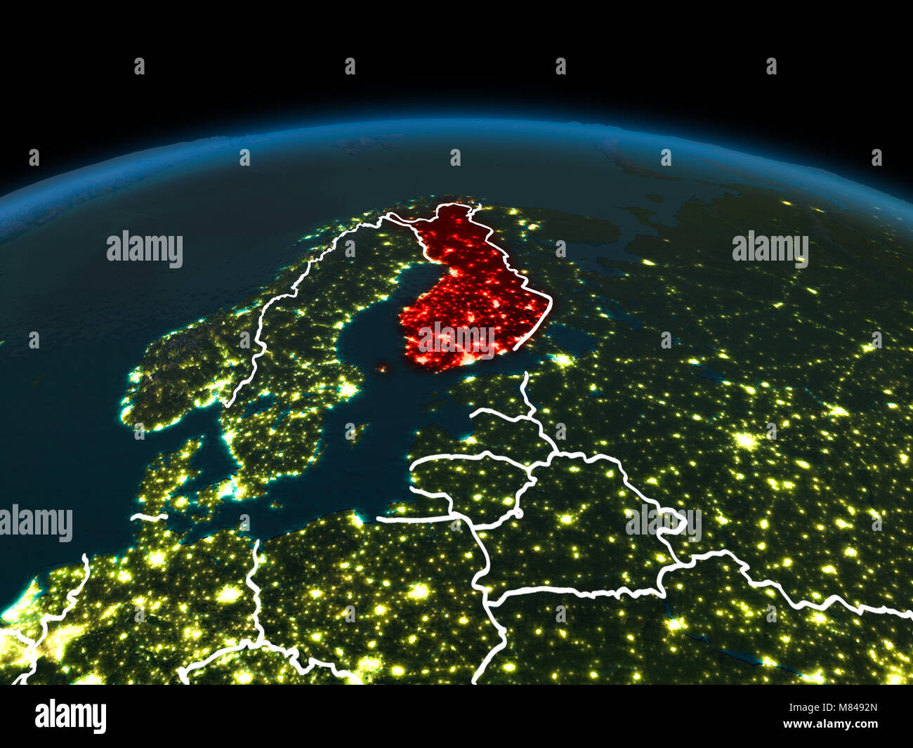Space orbit view of Finland highlighted in red on planet Earth at night with visible country ...
