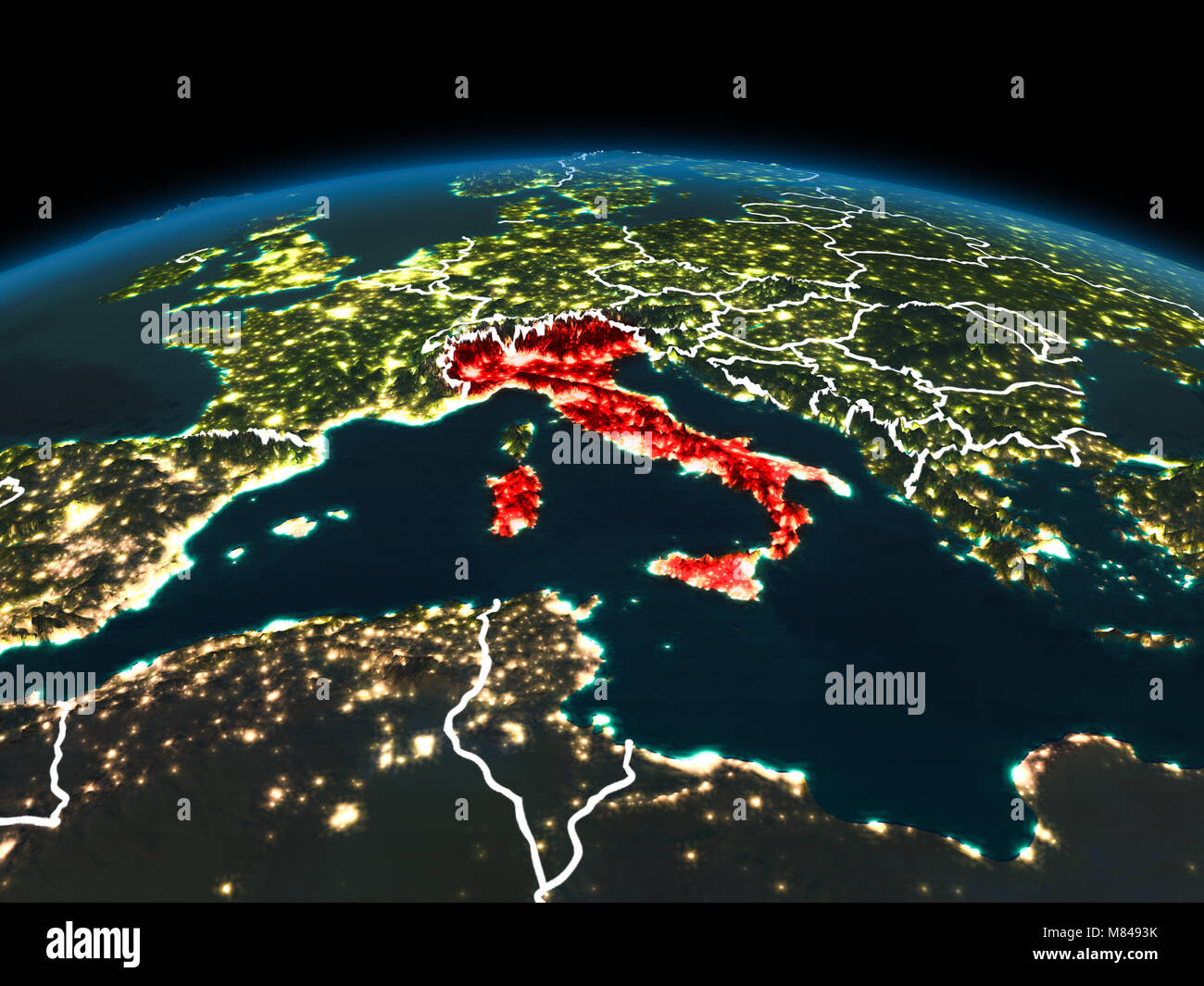 Space orbit view of Italy highlighted in red on planet Earth at night ...