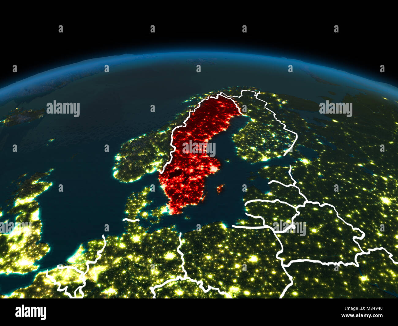 Space orbit view of Sweden highlighted in red on planet Earth at night with visible country ...