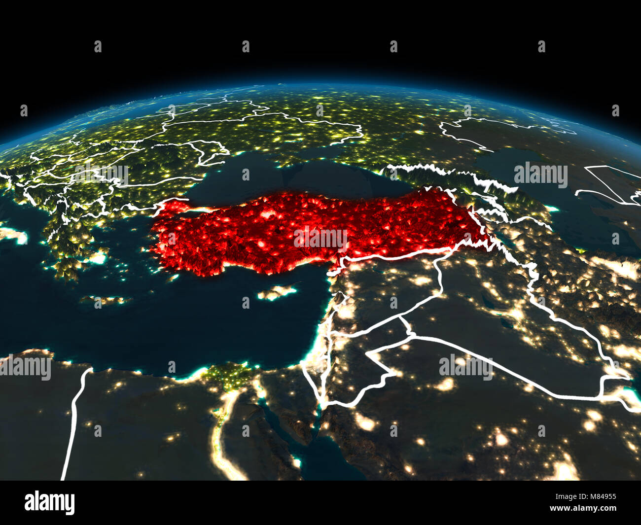 Space orbit view of Turkey highlighted in red on planet Earth at night ...