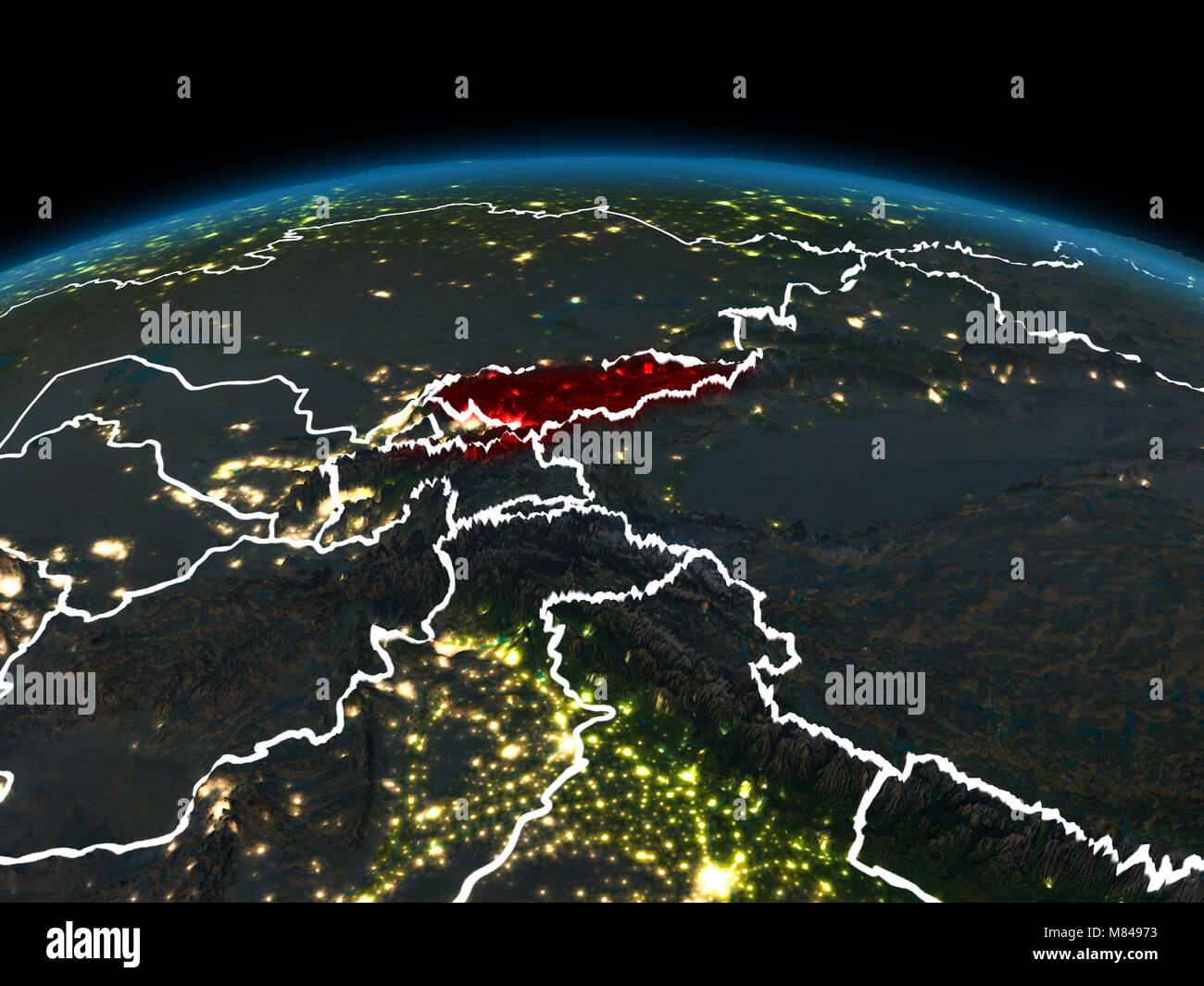 Space orbit view of Kyrgyzstan highlighted in red on planet Earth at night with visible country ...