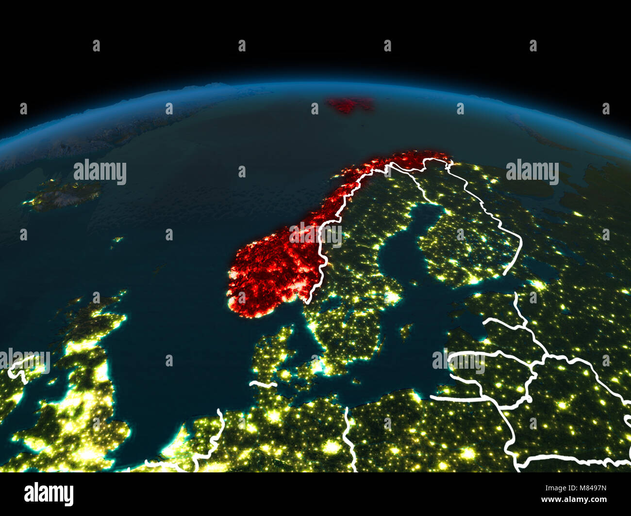 Space orbit view of Norway highlighted in red on planet Earth at night with visible country ...