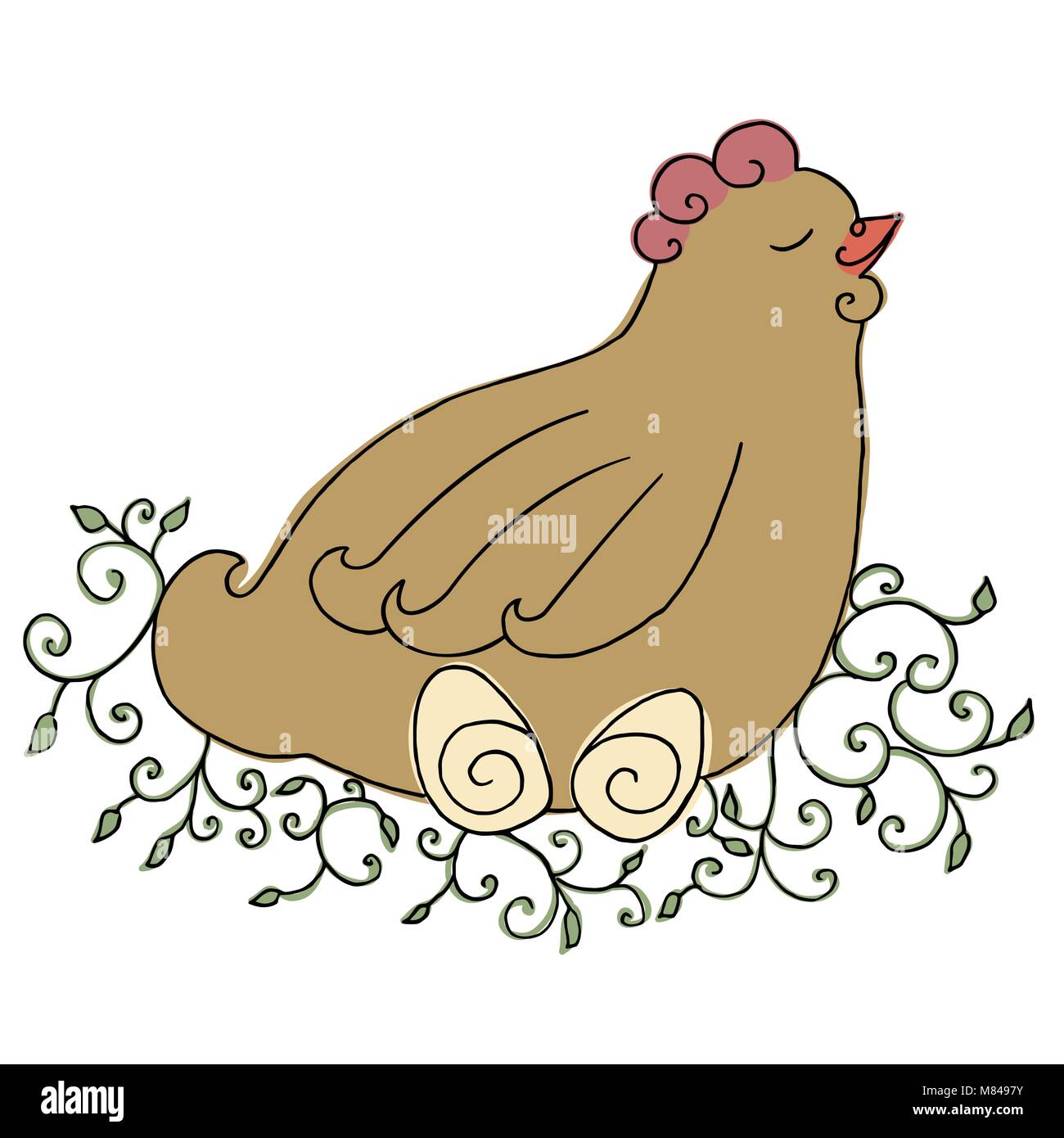 Broody Easter vector illustration. Hand drawn chicken with eggs Stock ...