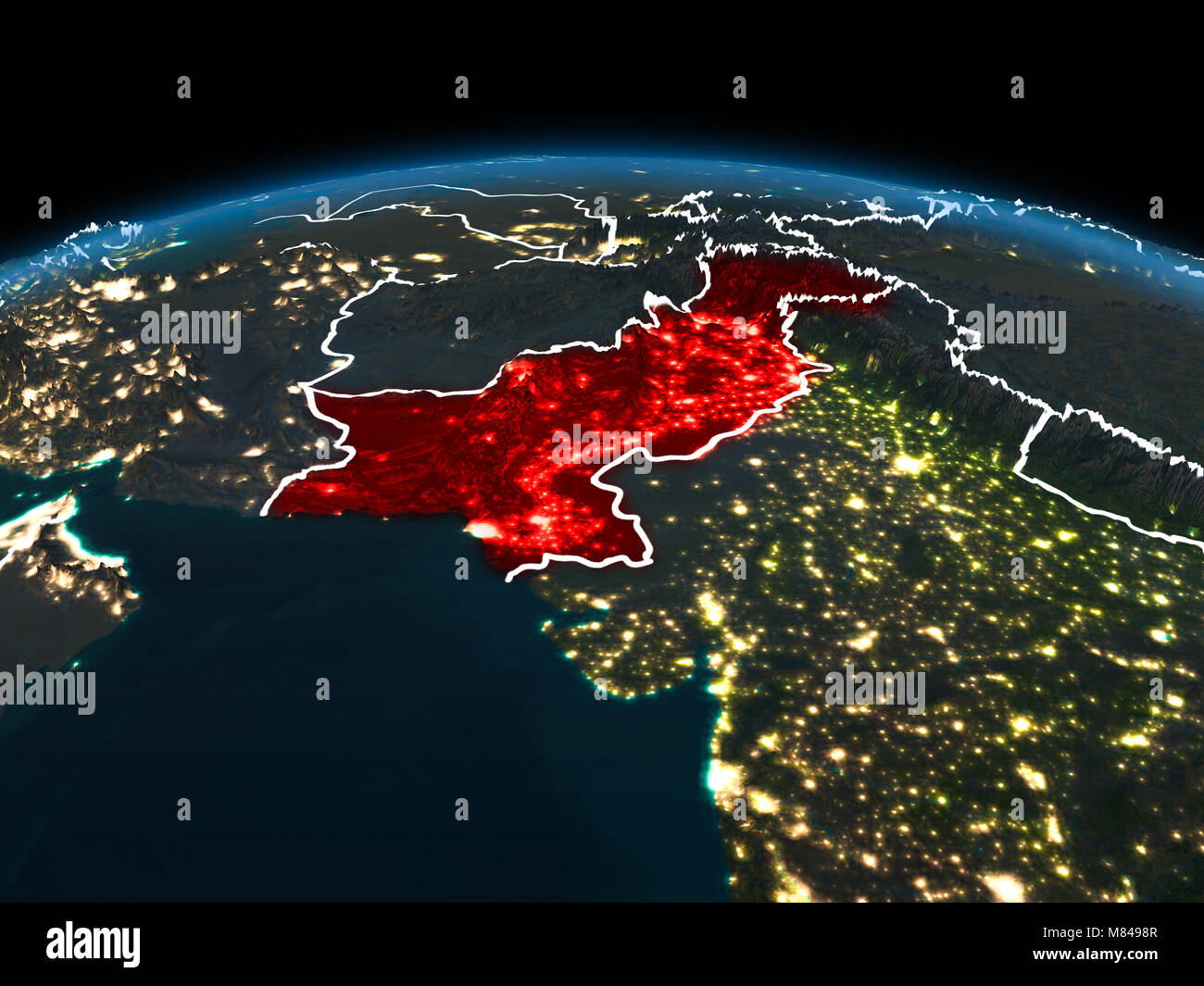 Space orbit view of Pakistan highlighted in red on planet Earth at night with visible country ...