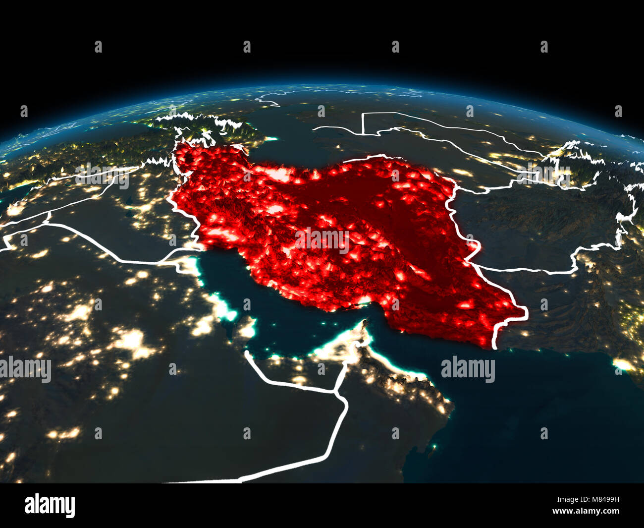 Space orbit view of Iran highlighted in red on planet Earth at night with visible country ...