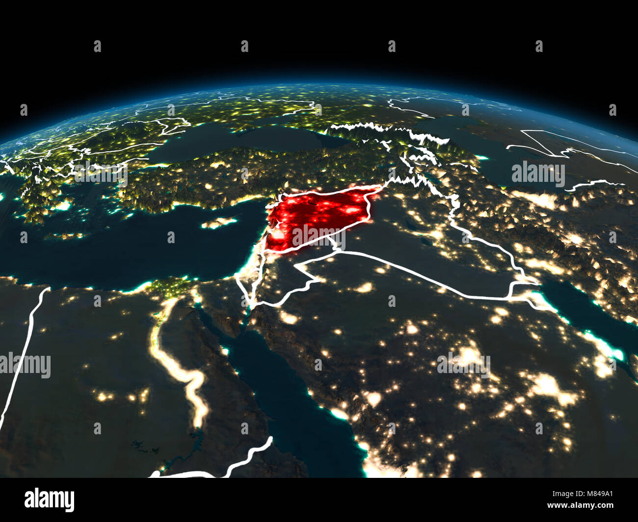 Space orbit view of Syria highlighted in red on planet Earth at night ...