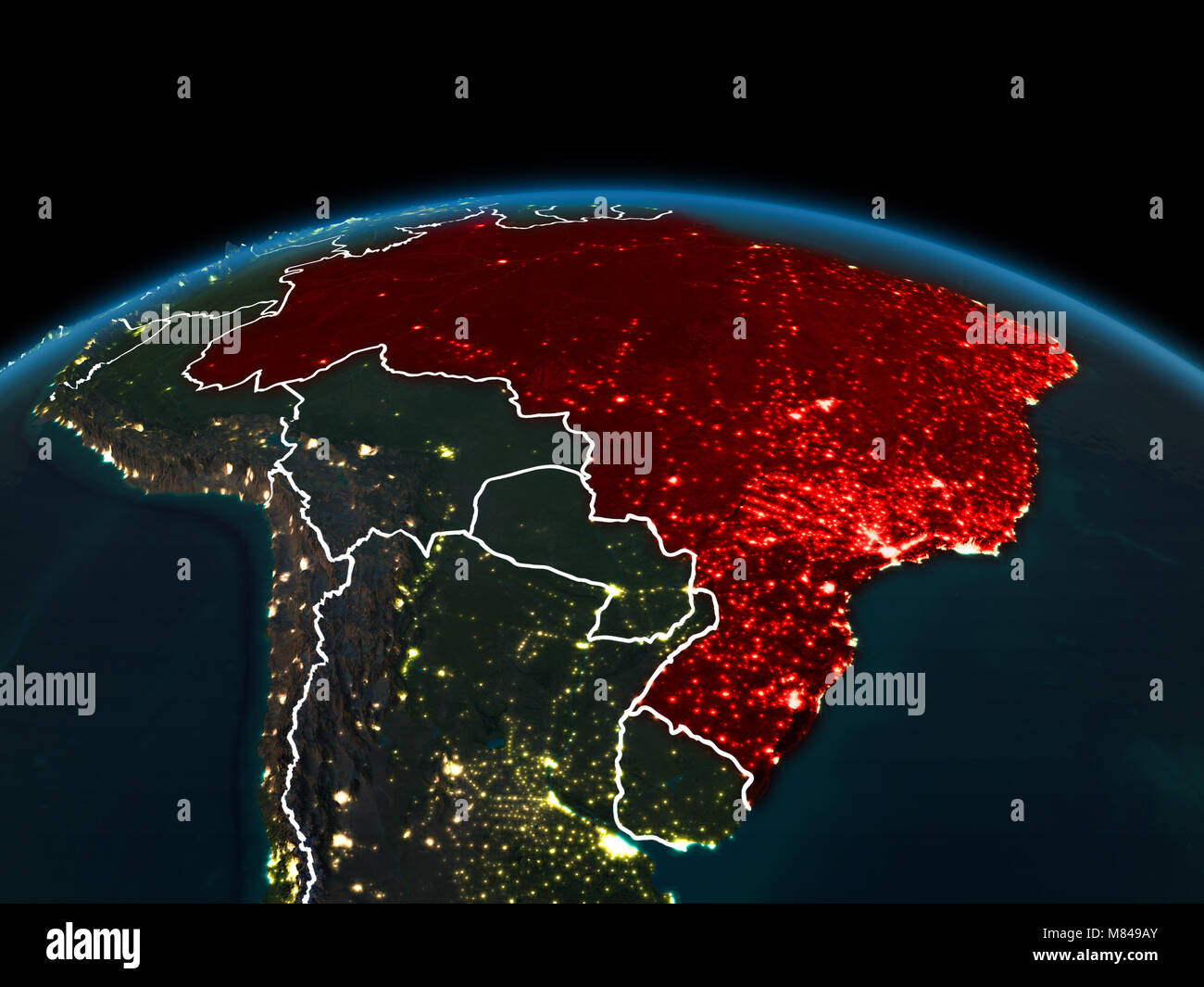 Space orbit view of Brazil highlighted in red on planet Earth at night with visible country ...