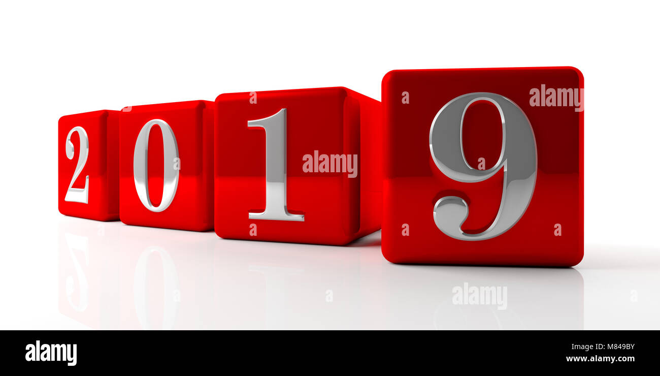 New year 2019, Digits on red cubes isolated on white background. 3d ...