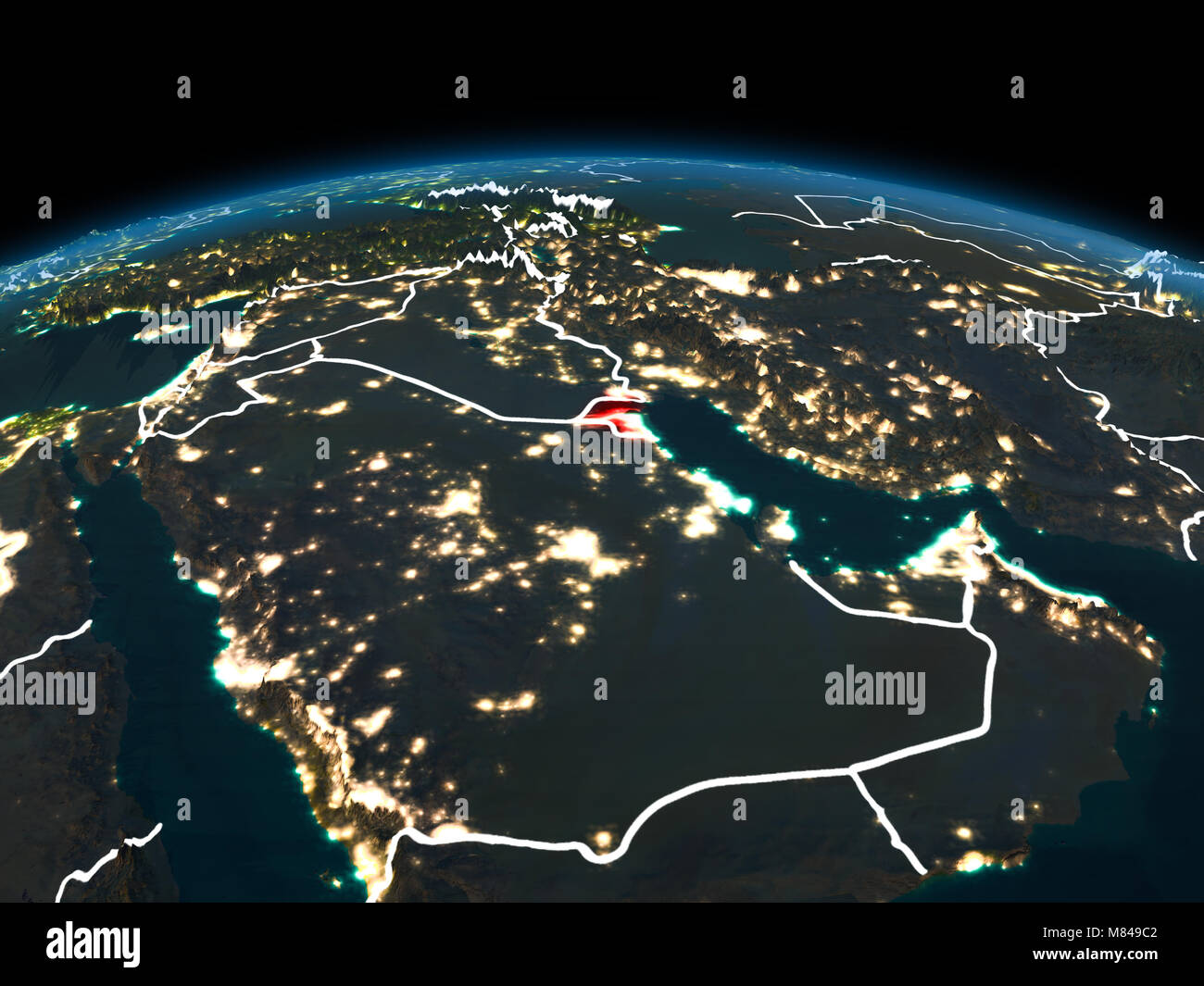 Space orbit view of Kuwait highlighted in red on planet Earth at night with visible country ...
