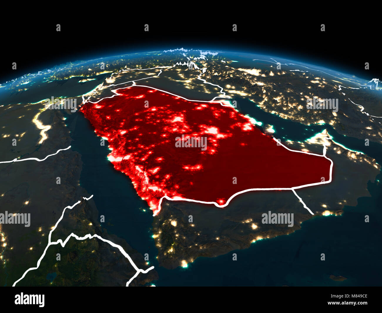Space orbit view of Saudi Arabia highlighted in red on planet Earth at night with visible ...