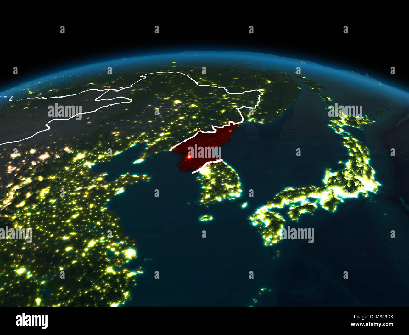 Space orbit view of North Korea highlighted in red on planet Earth at night with visible country ...