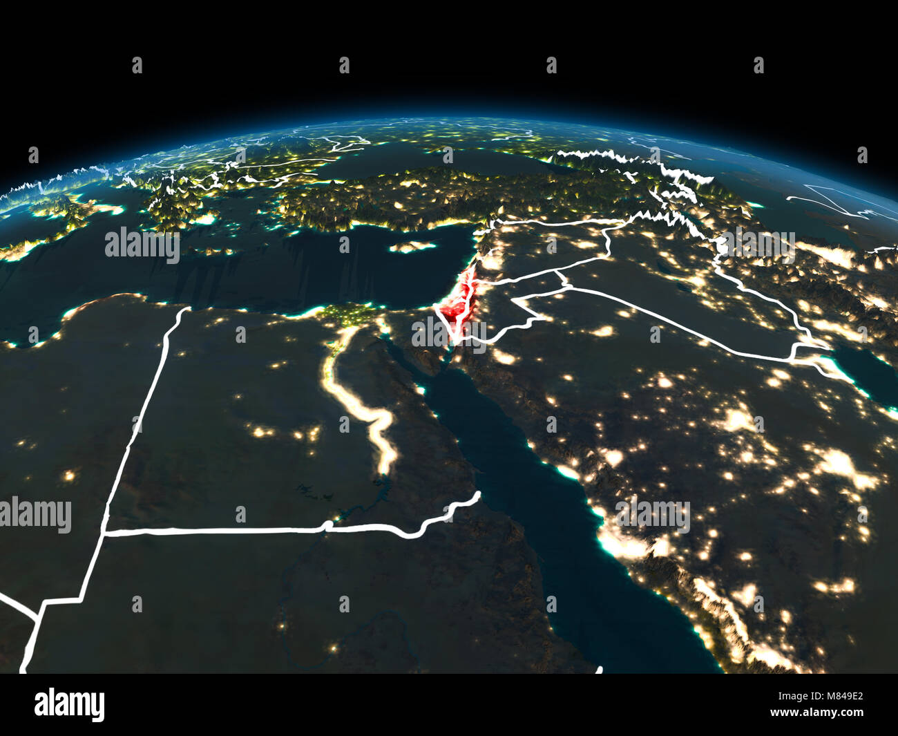 Space orbit view of Israel highlighted in red on planet Earth at night with visible country ...