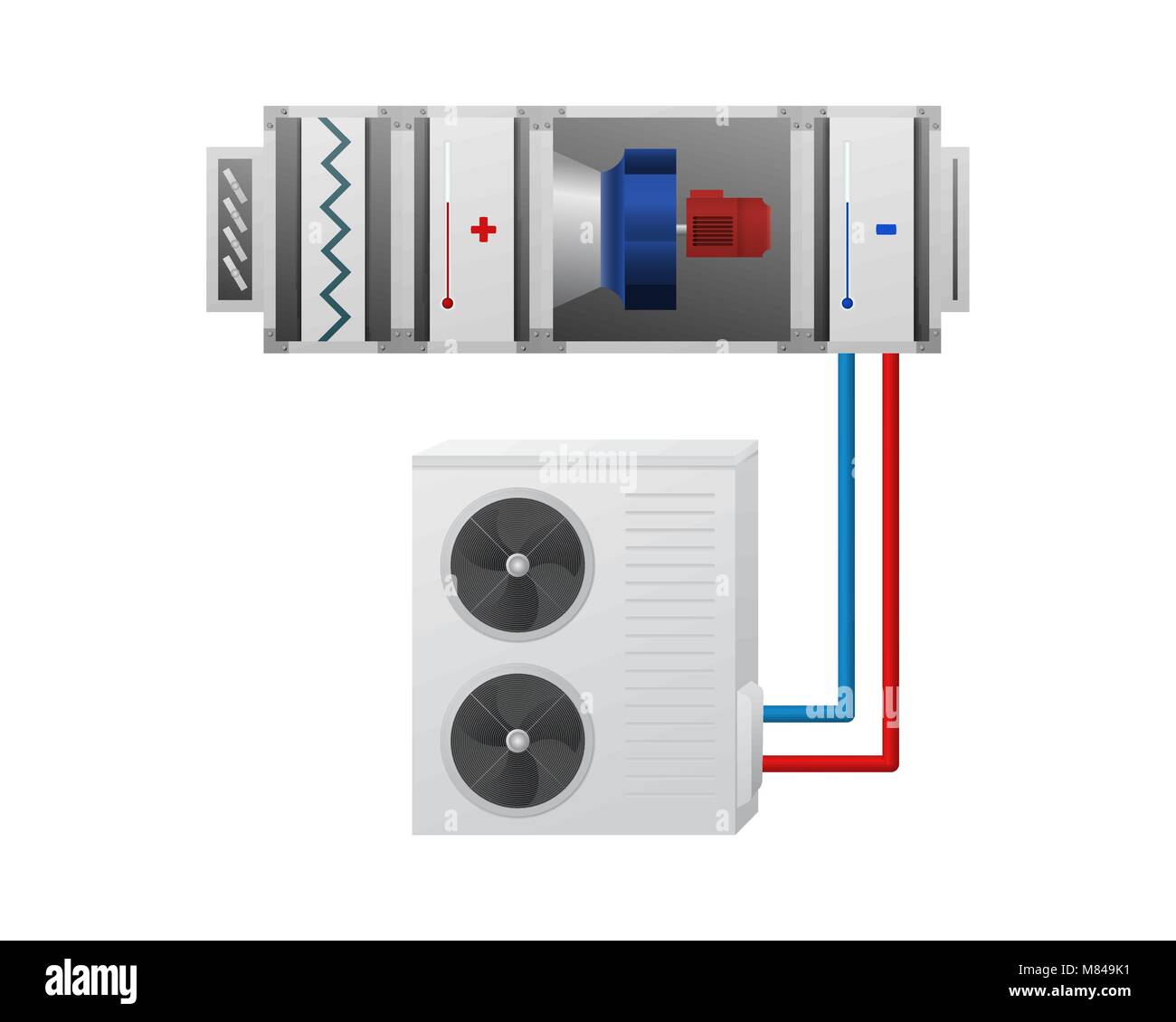 Air handling unit with heating, cooling unit, recuperator and chiller vector illustration. HVAC ...