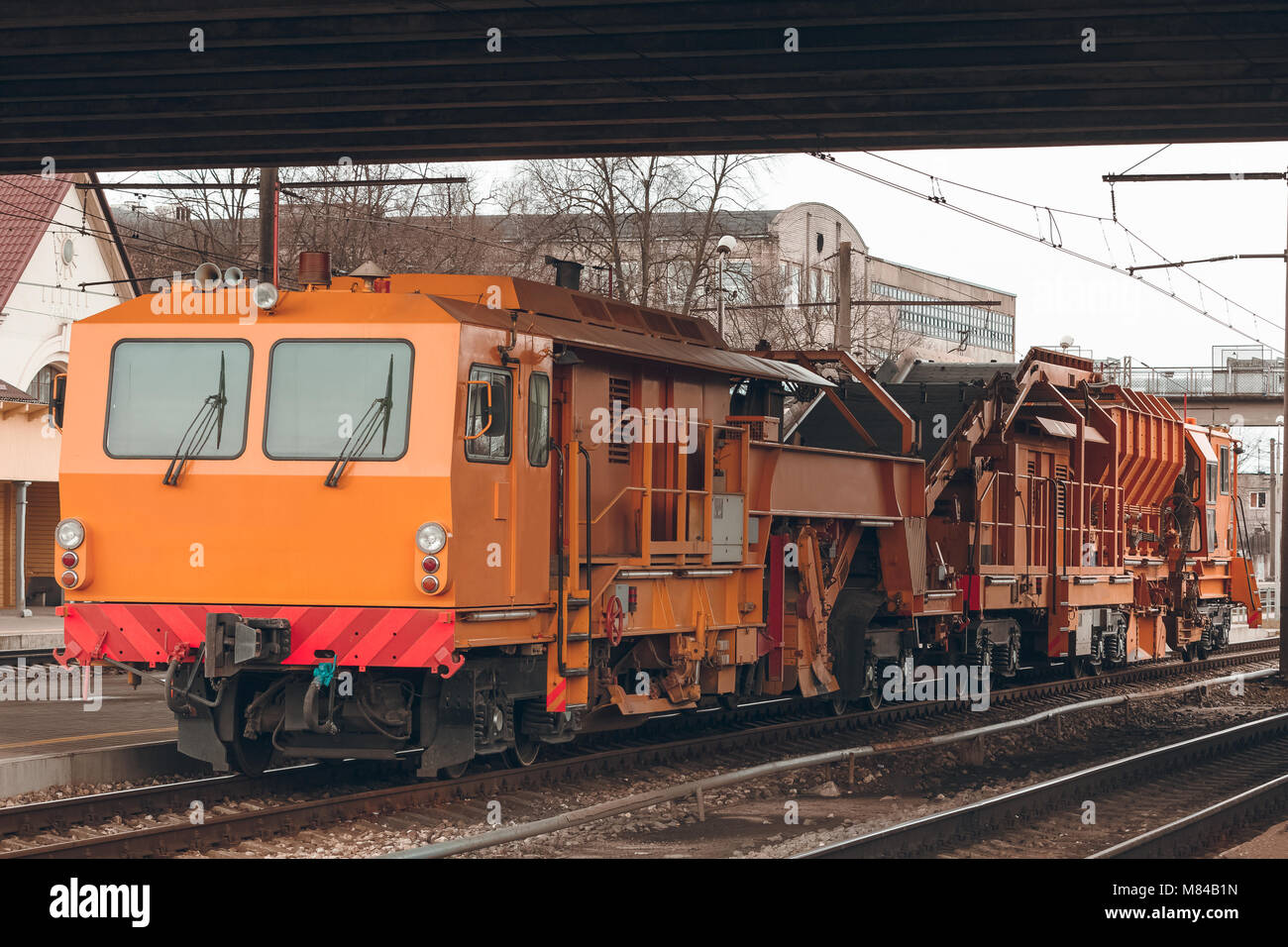 Ballast distributing and profiling track machine. Repair train Stock ...