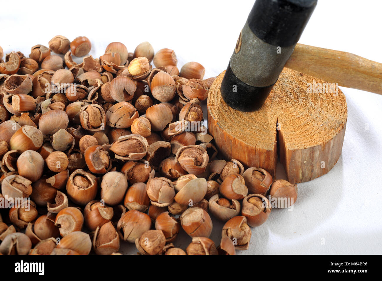 Crack hazelnuts with a hammer on the white table Stock Photo - Alamy