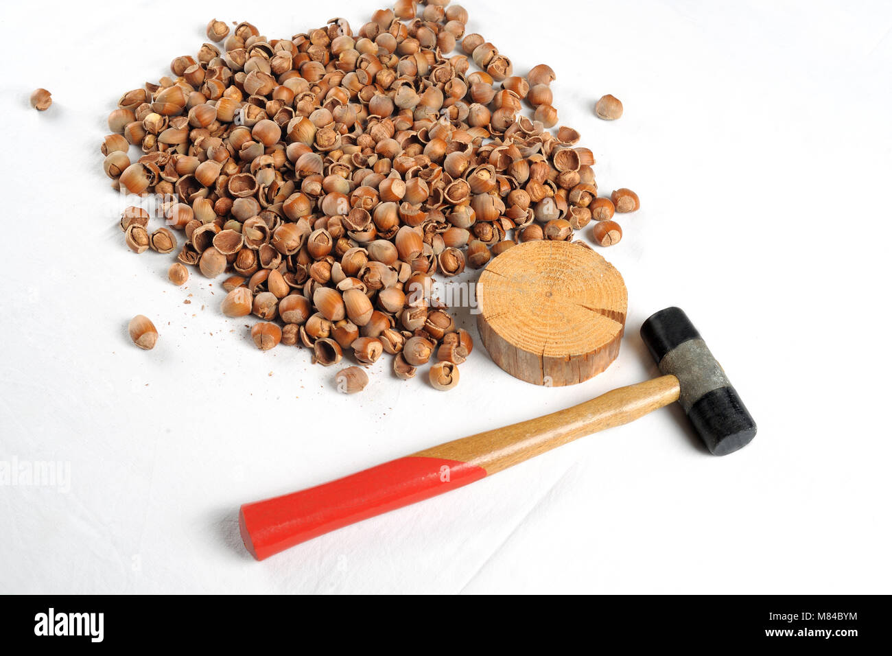 Crack hazelnuts with a hammer on the white table Stock Photo - Alamy