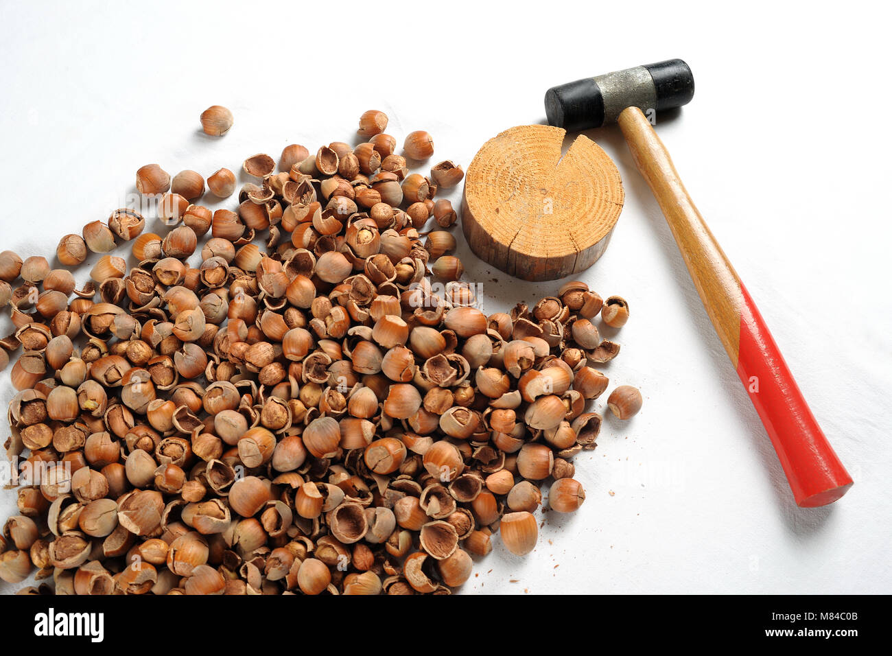 Crack hazelnuts with a hammer on the white table Stock Photo - Alamy