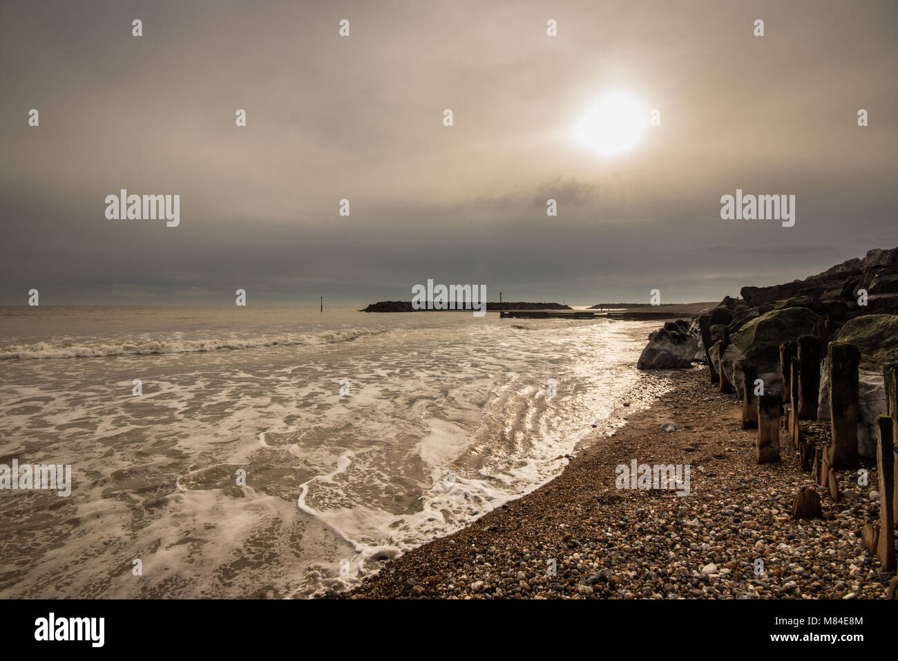 Wooden and rocky sea defences at the beach, Middleton-on-Sea (Elmer ...