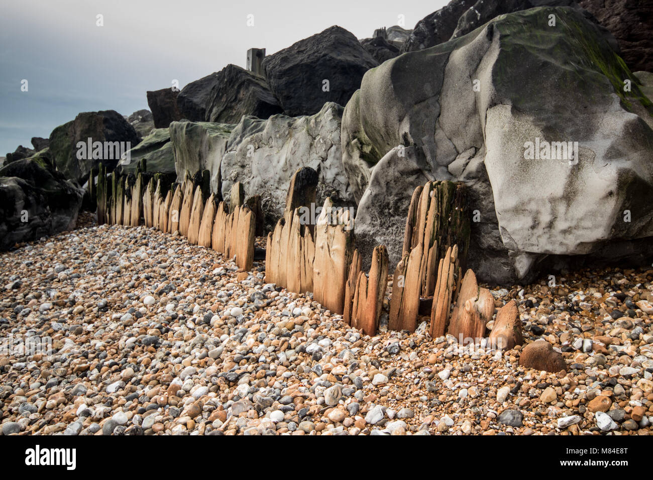 Wooden and rocky sea defences at the beach, Middleton-on-Sea (Elmer ...