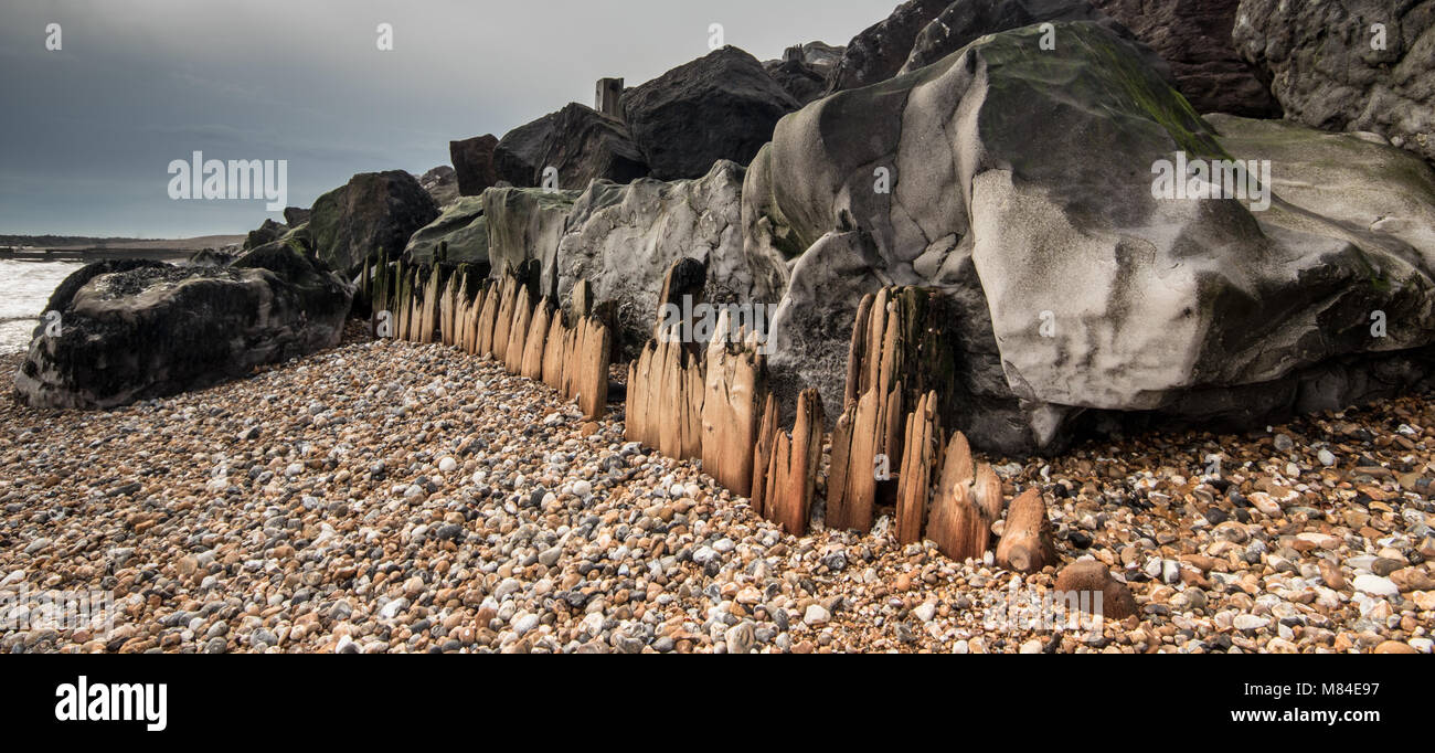 Wooden and rocky sea defences at the beach, Middleton-on-Sea (Elmer ...